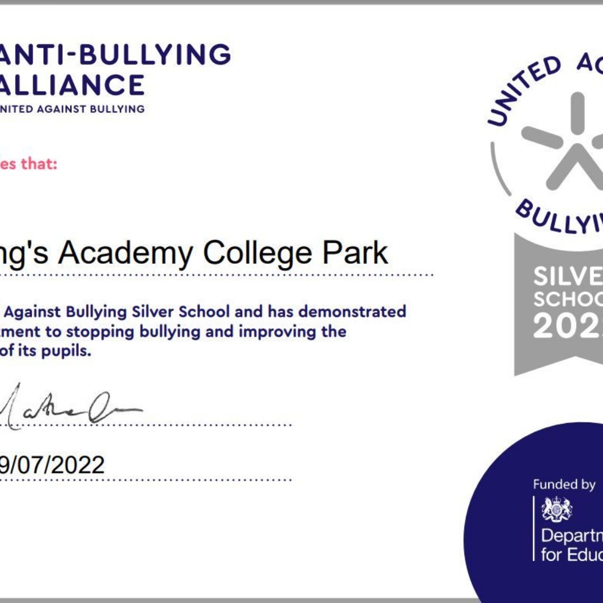 King's Academy College Park - Anti-Bullying Award